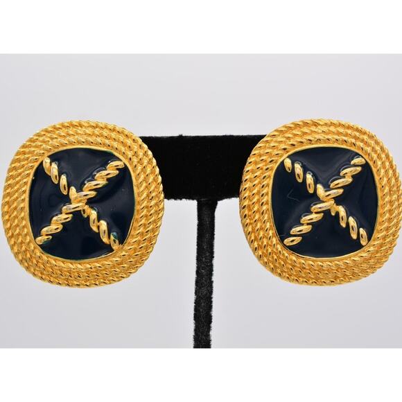 Unbranded | Jewelry | Vintage Clip On Earrings Navy Blue Black Enamel ...